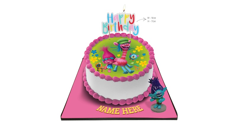 Trolls Cake with Happy Birthday Candle & Topper